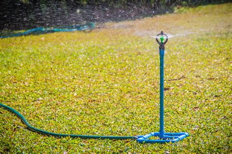 녹색 잔디 필드를 급수 하는 동안 화창한 여름날에 Pvc 자동 정원 잔디 스프링클러 잔디 스프링 클 러는 푸른 잔디에 물 Spaying Pvc의 했다 Pvc 관개 시스템