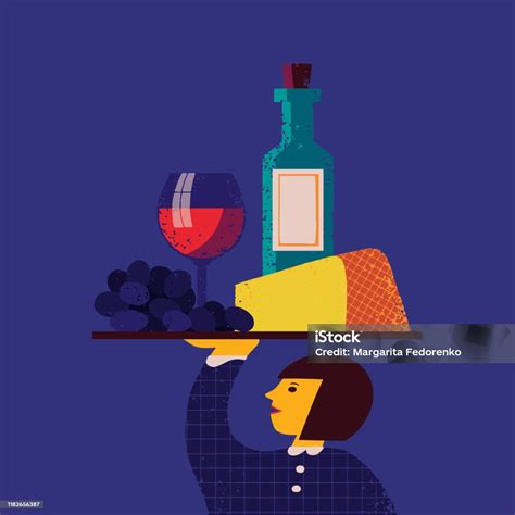벡터 일러스트레이트와 웨이트리스 트레이 포도 치즈 와인잔 와인 병 레스토랑 메뉴 디자인 배경 음식과 주류 웨이터 캐릭터 과일에 대한 스톡 벡터 아트 및 기타 이미지 Istock