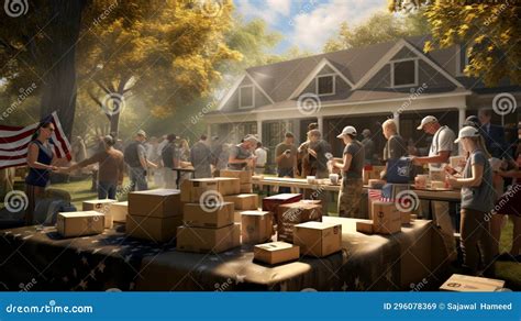 A Community Event With Volunteers Assembling Care Packages For Deployed