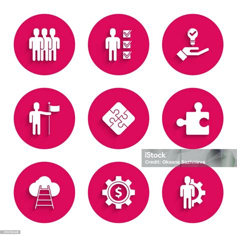 세트 퍼즐 조각 달러 기호가 있는 기어 내부 인간 기어 구름으로 이어지는 사다리 깃발을 들고 있는 남자 전구 손 및 사용자 그룹