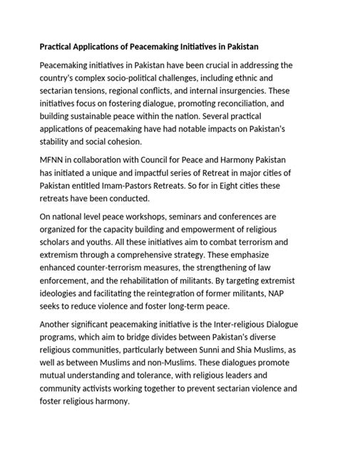 Practical Applications Of Peacemaking Initiatives In Pakistan Pdf Pakistan Peacebuilding