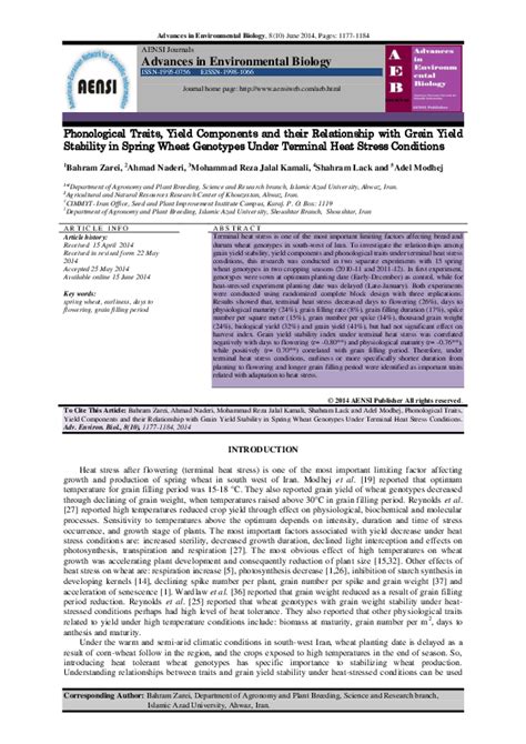 Pdf Advances In Environmental Biology Phonological Traits Yield