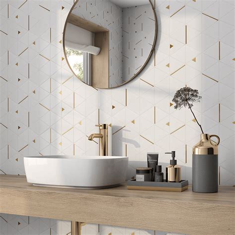 Glam Thassos White Gold Brass Triangle Marble Mosaic Small Bathroom