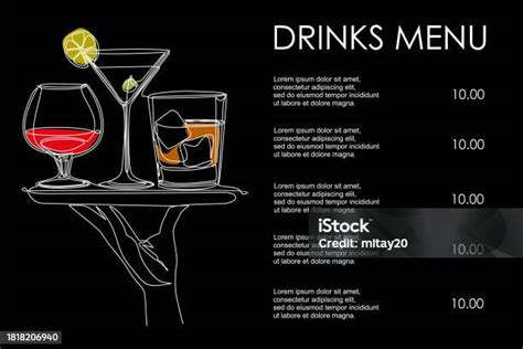 음료 메뉴 칵테일과 함께 잔의 연속 한 선 그리기 따옴표 템플릿이 있는 그림입니다 로고 배너 소책자 전단지 브로셔에 사용할 수