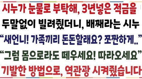 반전신청사연시누가 눈물로 부탁해 3천 빌려줬더니 못갚겠다는 시누 아가씨 그럼 몸으로 떼우셔야죠 기발한 방법으로 역관광 시켜줬습니다 신청사연 사이다썰 사연라디오