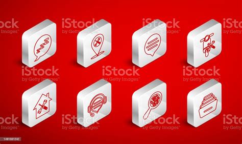 문서 위치 서비스 말풍선 채팅 스쿠터 돋보기 아래의 미생물 코골이 헤드폰 음성 및 집 아이콘으로 라인 서랍을 설정합니다 벡터 3차원 형태에 대한 스톡 벡터 아트 및 기타