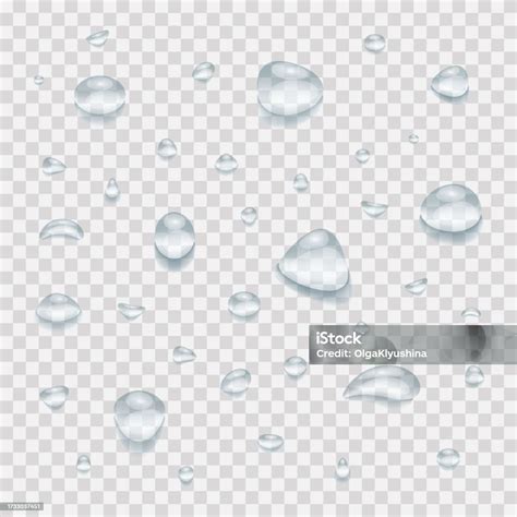 투명한 배경에 맑은 물방울이 떨어집니다 현실적인 물 빗방울이 창문에 떨어지고 유리에 증기 응결이 발생합니다 벡터 그림 개체 그룹에 대한 스톡 벡터 아트 및 기타 이미지