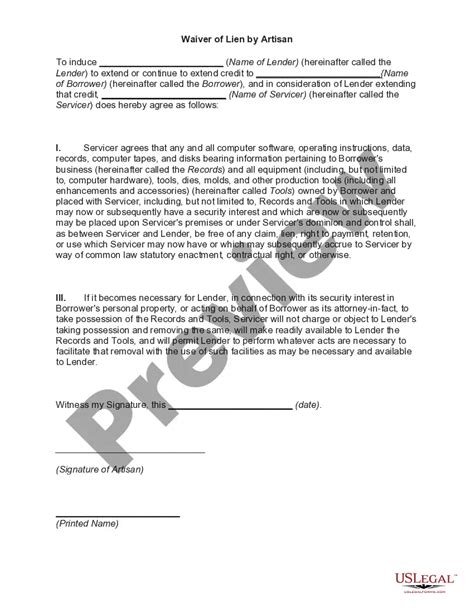 Waiver Of Lien By Artisan Us Legal Forms
