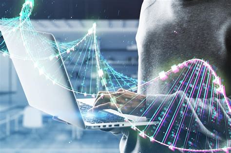 Premium Photo Close Up Of Hacker Using Laptop With Glowing Binary Code Dna Helix On Blurry