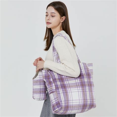 체크 코튼 포켓 에코 숄더백 퍼플체크 감도 깊은 취향 셀렉트샵 29cm