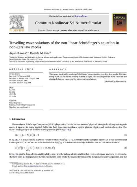 Pdf Travelling Wave Solutions Of The Non Linear Schrödingers