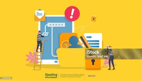 사람 캐릭터와 인터넷 보안 개념 암호 피싱 공격 개인 정보 데이터 웹 방문 페이지 배너 프리젠 테이션 소셜 인쇄 미디어 템플릿을 훔치는 벡터 일러스트레이션 기민에 대한 스톡