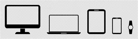 데스크탑 컴퓨터 와 노트북 실루엣 블랙 스마트폰과 태블릿 아이콘 투명 한 배경에 격리 된 장치 화면 둥근 화면스마트 워치 모형 플랫폼 장치 템플릿을 교차합니다 벡터