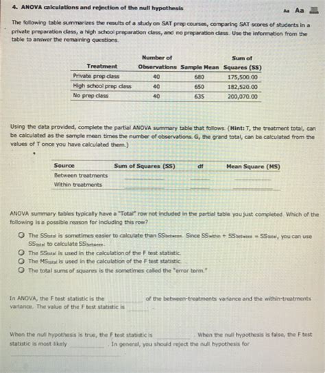 Solved ANOVA Calculations And Rejection Of The Null Chegg