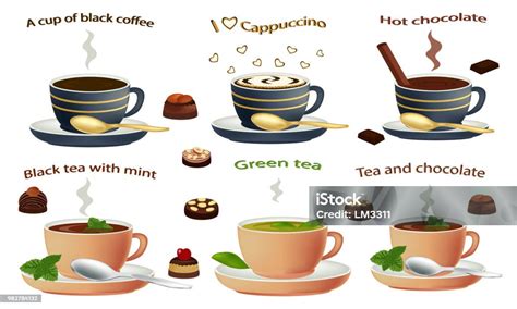 뜨거운 음료의 집합입니다 커피 라 떼 모카와 카푸치노 컵 흰색 배경에 고립 머그잔에 핫 초콜릿 블랙 티입니다 녹차와 허브 차 벡터 일러스트입니다 0명에 대한 스톡 벡터 아트