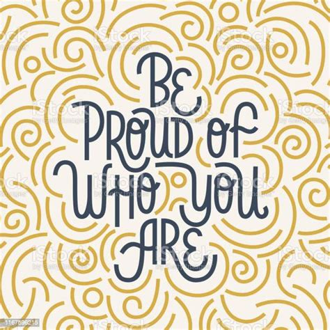 여러분이 누구인지 자랑스러워하십시오 영감 손으로 그린 글자 따옴표입니다 파란색과 노란색 텍스처입니다 동기 부여 문구 티셔츠 프린트 포스터 엽서 배너 디자인 동기 부여에 대한