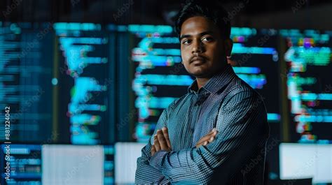 Indian Man Programmer Standing In Front Of A Screen With Code Projected