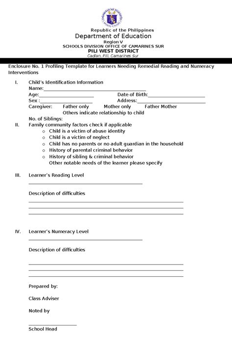 Profiling Template Republic Of The Philippines Department Of Education Region V Schools