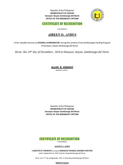 Certificate Of Recognition Barangay Pdf