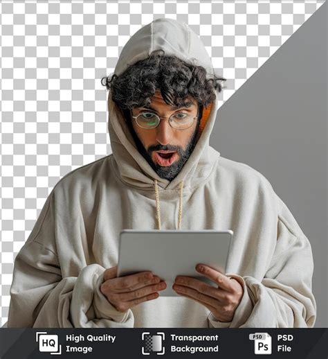 Transparent Object Studio Shot Of Surprised Man Looking At Tablet In