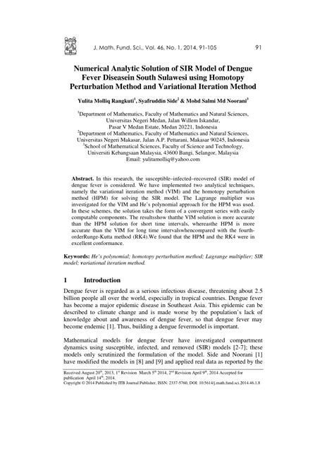 Pdf Numerical Analytic Solution Of Sir Model Of Dengue Fever Disease In South Sulawesi Using