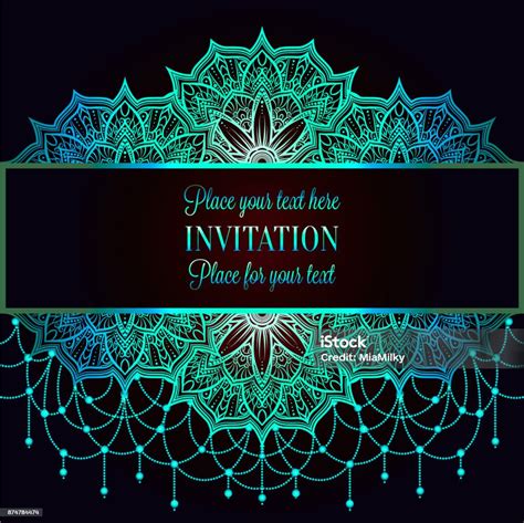 청첩장 또는 카드 구슬 배경으로 복잡 한 만다라 녹색 파란색 검은색 디자인 이슬람 아랍어 인도 두바이 배경 텍스트에 대 한 장소를 가진 패션 템플릿 민트 0명에 대한 스톡