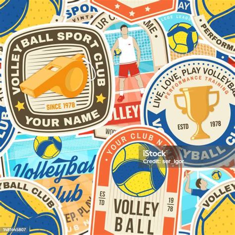 배구 클럽 완벽 한 패턴입니다 배구 엠블럼 패치 스티커가 있는 배경 벡터 그림입니다 빈티지 라벨 스티커 공이있는 패치 플레이어