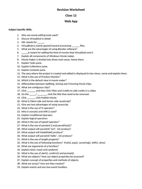 Class 12 Subject Skills Revision Worksheet Pdf Java Script