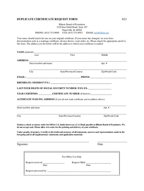 Fillable Online Duplicate Certificate Request Form 8 21 Fax Email Print Pdffiller