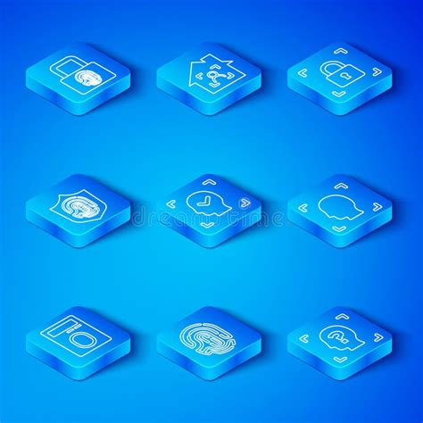 Set Line Fingerprint With Lock Face Recognition Shield And Icon Vector Stock Vector