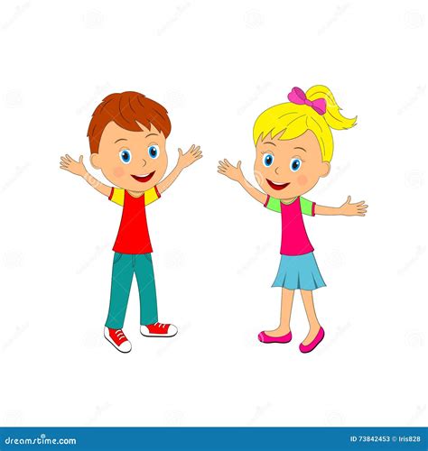 Мальчик и девушка усмехаясь с руками вверх Иллюстрация вектора иллюстрации насчитывающей утеха