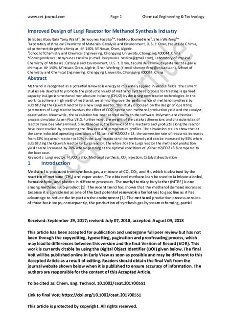 Pdf Improved Design Of The Lurgi Reactor For Methanol Synthesis Industry