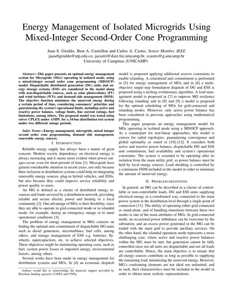 Pdf Energy Management Of Isolated Microgrids Using Mixed Integer