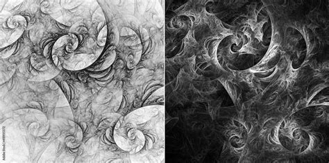 monochrome spirals of different sizes are dynamically arranged on white and black backgrounds