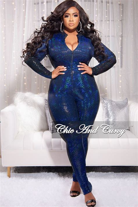 Final Sale Plus Size Faux Sequin Jumpsuit With Front Zipper In Royal