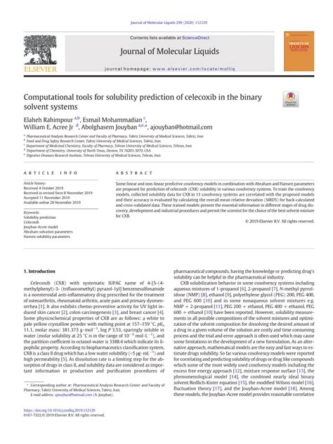 Pdf Computational Tools For Solubility Prediction Of Celecoxib In The Binary Solvent Systems