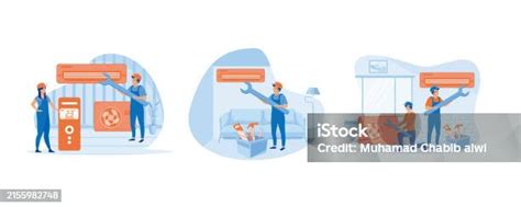 유지 보수 냉각 시스템 설치 에어컨 수리 또는 장치 고장이 있는 설치 유지 보수 서비스 세트 플랫 벡터 현대 일러스트 레이 션