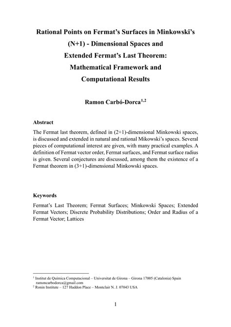 Pdf Rational Points On Fermats Surfaces In Minkowskis N 1 Dimensional Spaces And Extended