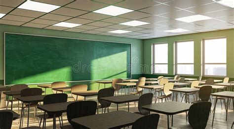 Classroom With Wooden Desks And Chairs Facing A Large Green Chalkboard