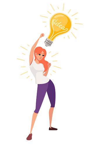 올라간 손을 가진 젊은 행복한 여자는 흰색 배경에 고립 된 아이디어 노란색 복고풍 전구 만화 만화 캐릭터 디자인 평면 벡터 일러스트레이션을 가지고 있습니다 가득 찬에 대한