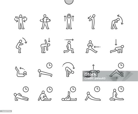 워밍업 및 스트레칭 운동 가슴 스트레칭 낮은 런지 트위스트 사이드 플랭크 비둘기 포즈 픽셀 퍼펙트 벡터 가는 선 아이콘 간단한 최소 픽토그램 아이콘에 대한 스톡 벡터 아트