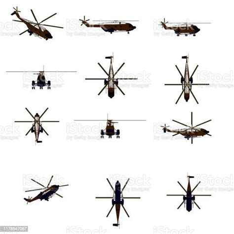 다른 위치에 다각형 헬리콥터와 대형 세트 전투 군사 헬리콥터 3d 벡터 그림 헬리콥터에 대한 스톡 벡터 아트 및 기타 이미지 헬리콥터 공중 뷰 아이콘 Istock