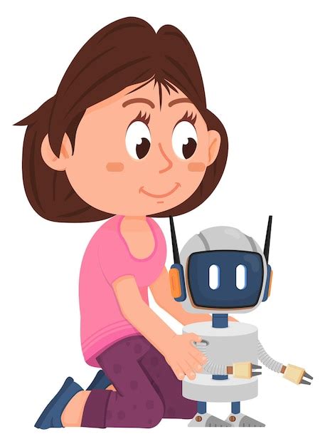 Niña Jugando Con Un Robot De Juguete Chico Ingeniero Personaje Aislado En Fondo Blanco Vector