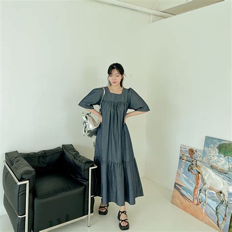 한정수량sale 여름 데님 퍼프 날개 프릴 캉캉 스퀘어넥 루즈핏 반팔 롱 원피스 3color 에이블리