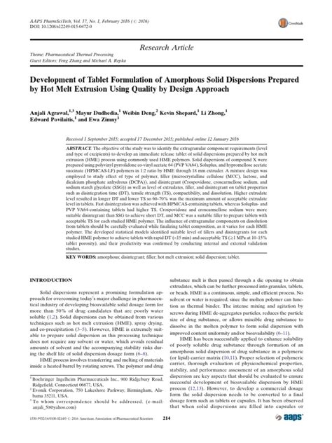 Development Of Tablet Formulation Of Amorphous Solid Dispersions