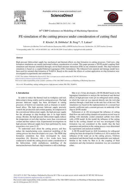 Pdf Fe Simulation Of The Cutting Process Under Consideration Of