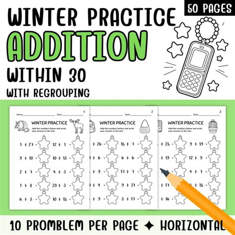 Winter Addition Within 30 Worksheets With Regrouping 50 Pages
