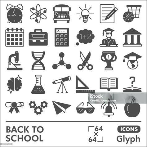 신학기 상징 컬렉션 또는 스케치 웹과 앱용 글리프 스타일 표지판의 테마 아이콘을 연구합니다 벡터 그래픽은 흰색 배경에 고립되어 있습니다 공부에 대한 스톡 벡터 아트 및 기타