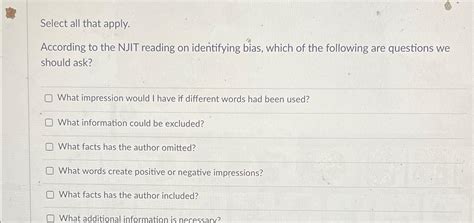 Solved Select All That Applyaccording To The Njit Reading