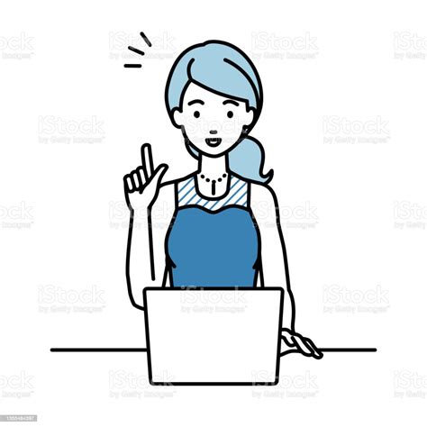랩톱 컴퓨터를 사용하여 옷을 입은 한 여성이 책상에서 손짓을 가리키며 아이디어를 얻습니다 가리키기에 대한 스톡 벡터 아트 및
